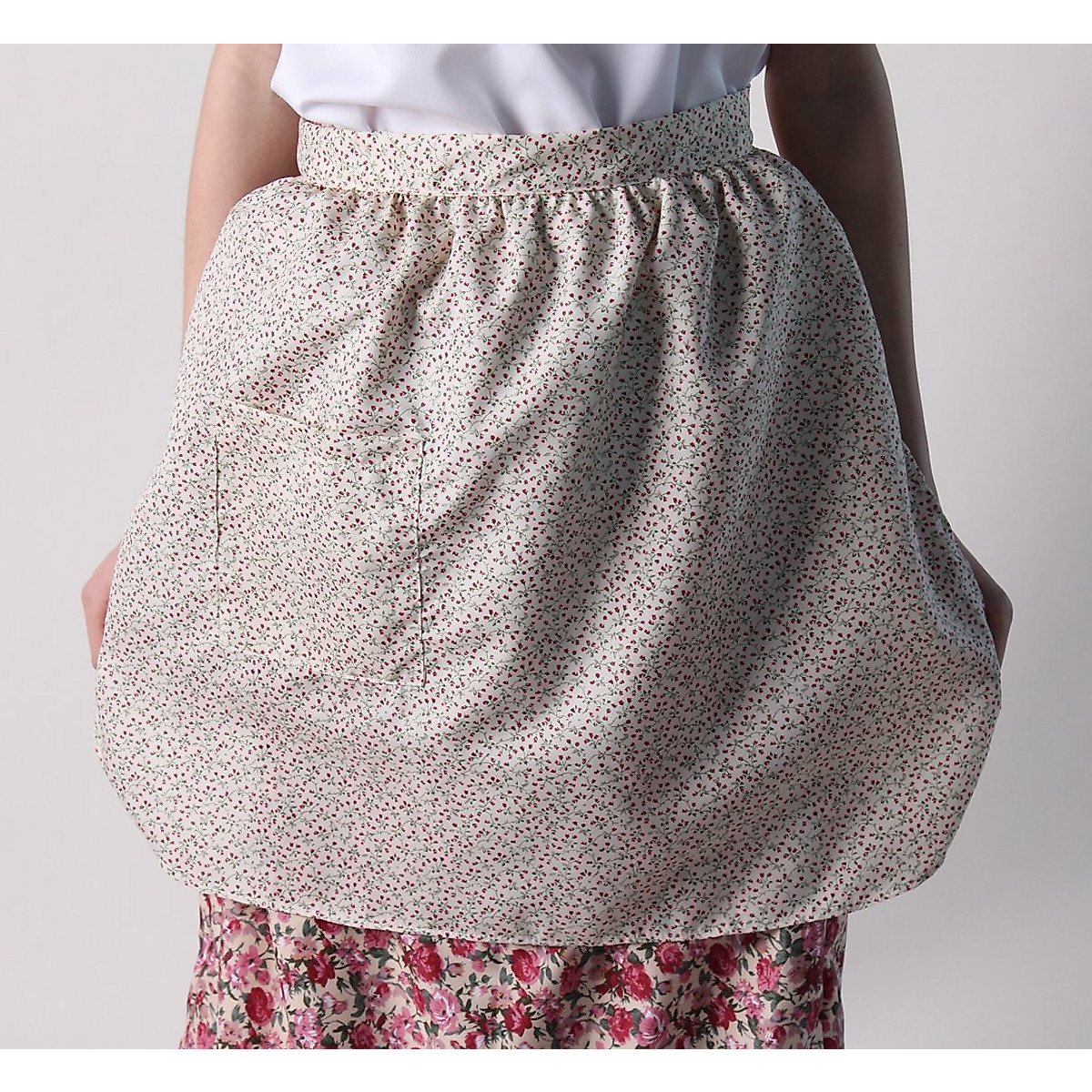 Making Believe Cream Calico Waist Half Apron with Pocket for Girls and Teens for Pioneer Peasant Costume