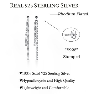 SLUYNZ Sterling Silver Crystal Rhinestone Linear Drop Earrings for Women Girls CZ Long Dangle Earrings Tassel Chain Studs (A-Silver)