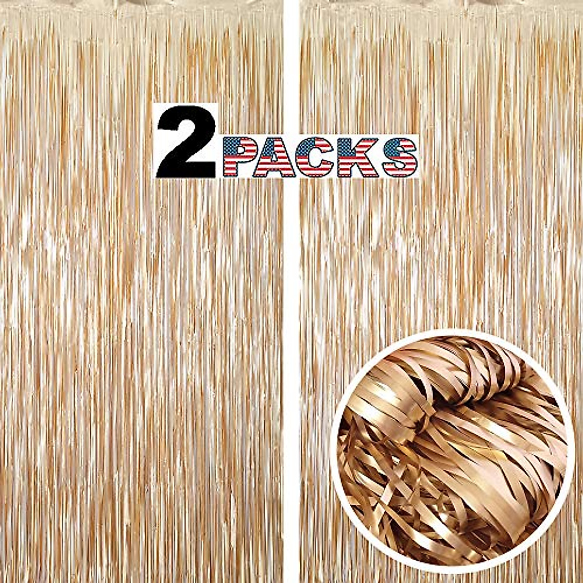 Light Gold Backdrop Curtains -6.6x9.8 feet, Pack of 2 | LILF Matte Foil Fringe Curtain with Non-Marking Tape | Tinsel Streamers Backdrop for Birthday Bachelorette Party Decoration Photo Booth Props