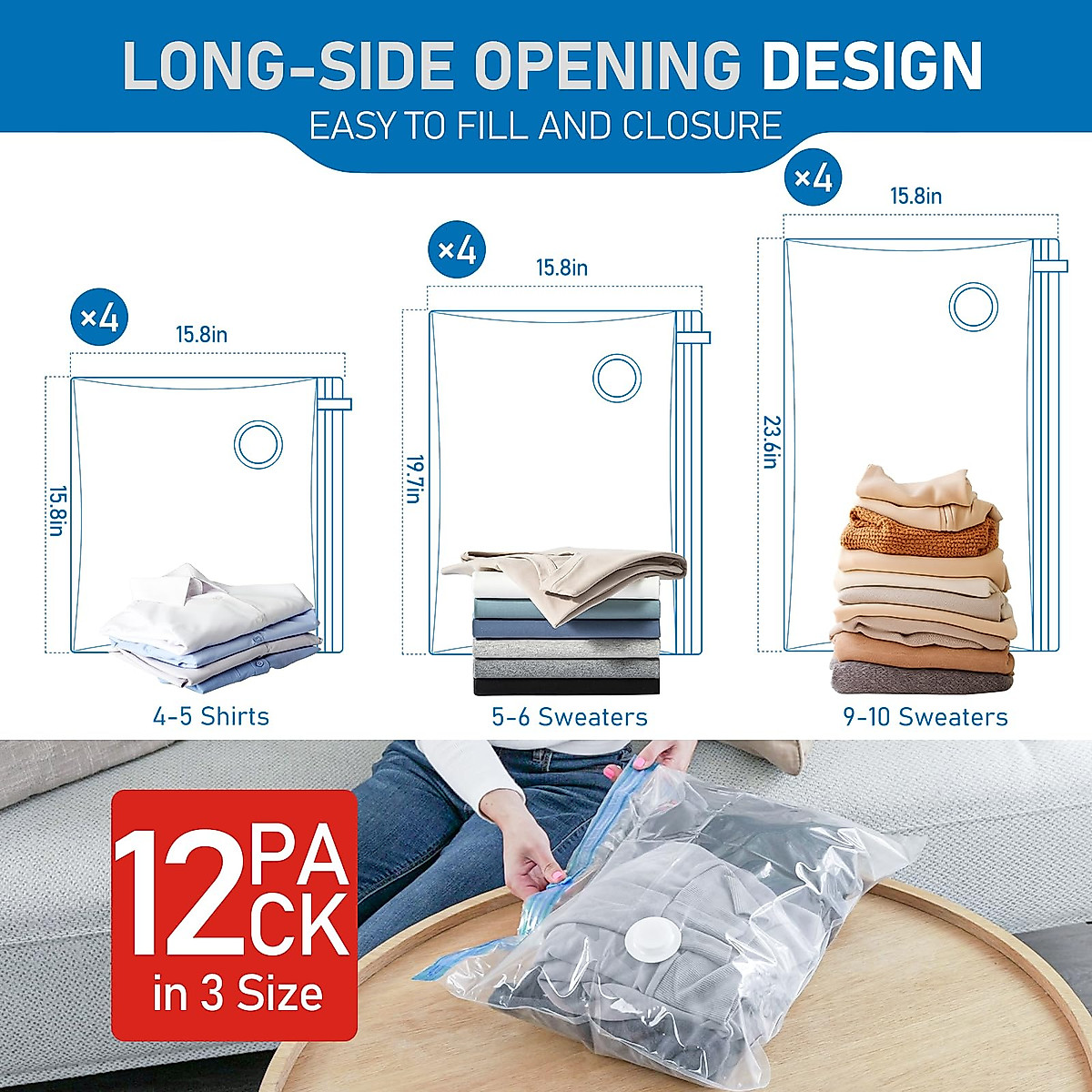 VMstr Vacuum Storage Bags for Travel, 12 Pack Carry-on Size for Luggage Compression Packing, Space Saver Bags with High Pressure Electirc Pump