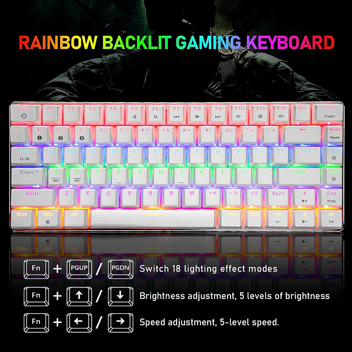 LexonElec Wireless Mechanical Keyboard,Two Mode BT5.0/USB-C 82 Keys Bluetooth Mechanical Keyboard,Rainbow LED Backlit,Compact Gaming Keyboard for Windows Mac PC Gamer(White)