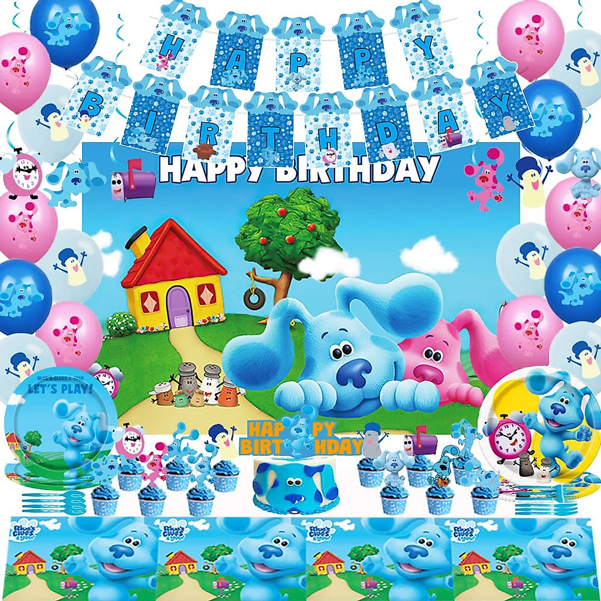 Blues Birthday Party Supplies Decorations, Include Banner, Balloons, Hanging Swirls, Backdrop, Tablecloth, Cake Topper, Plates, Knives, Forks, Spoons for Blues Themed Party