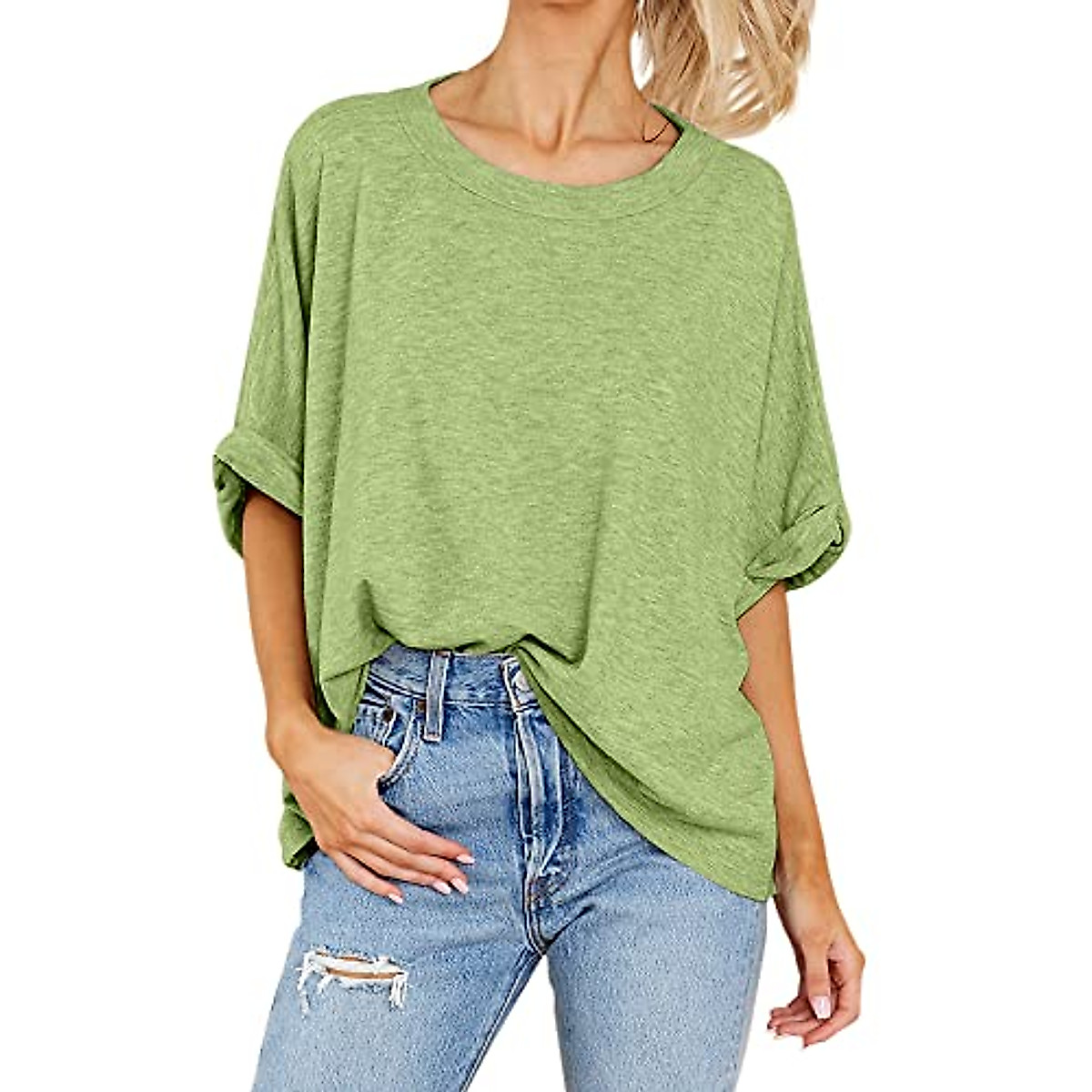 Women Oversized T-Shirt Summer Casual Short Sleeve Loose Tee Tops Light Green