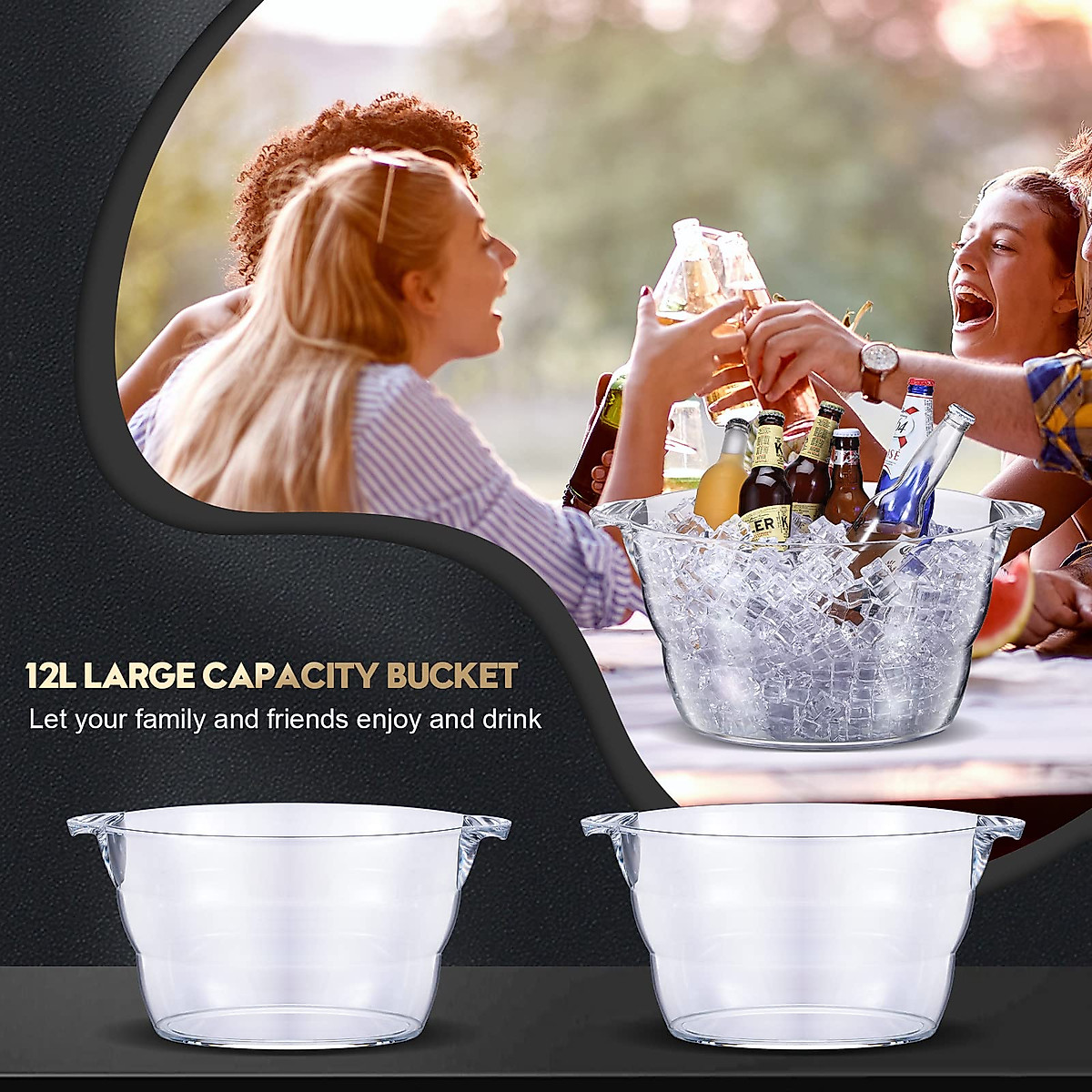 6 Pieces Large Ice Buckets for Cocktail Bars 12 Liter Champagne Cooler Wine Chiller Beer Bottle Baskets Clear Plastic Drink Beverage Tubs for Parties Oval Storage Bin Tubs for Mimosa Bar Supplies