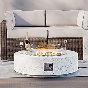 HOMPUS Propane Patio Fire Pit Table with Wind Guard, Lava Rocks and Rain Cover for Outdoor Leisure Party, 50,000 BTU 42-inch Round White Sandstone Concrete Fire Table