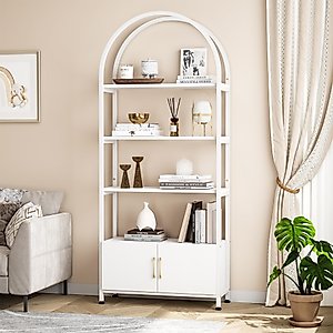 71.5" Tall Arched Bookshelf, 4-Tier Arched Bookcase with Doors Storage, Industrial Book Shelf with Sturdy Metal Frame and Shelves, Accent Cabinet with Storage for Living Room, Home Office, White
