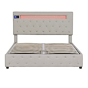 Queen Size Upholstered Platform Bed with Gas Lift up Storage,Adjustable Headboard Featured w/Bluetooth Audio, LED Light and USB Charging,Hydraulic Storage Platform Bed for Kids Teens Adults