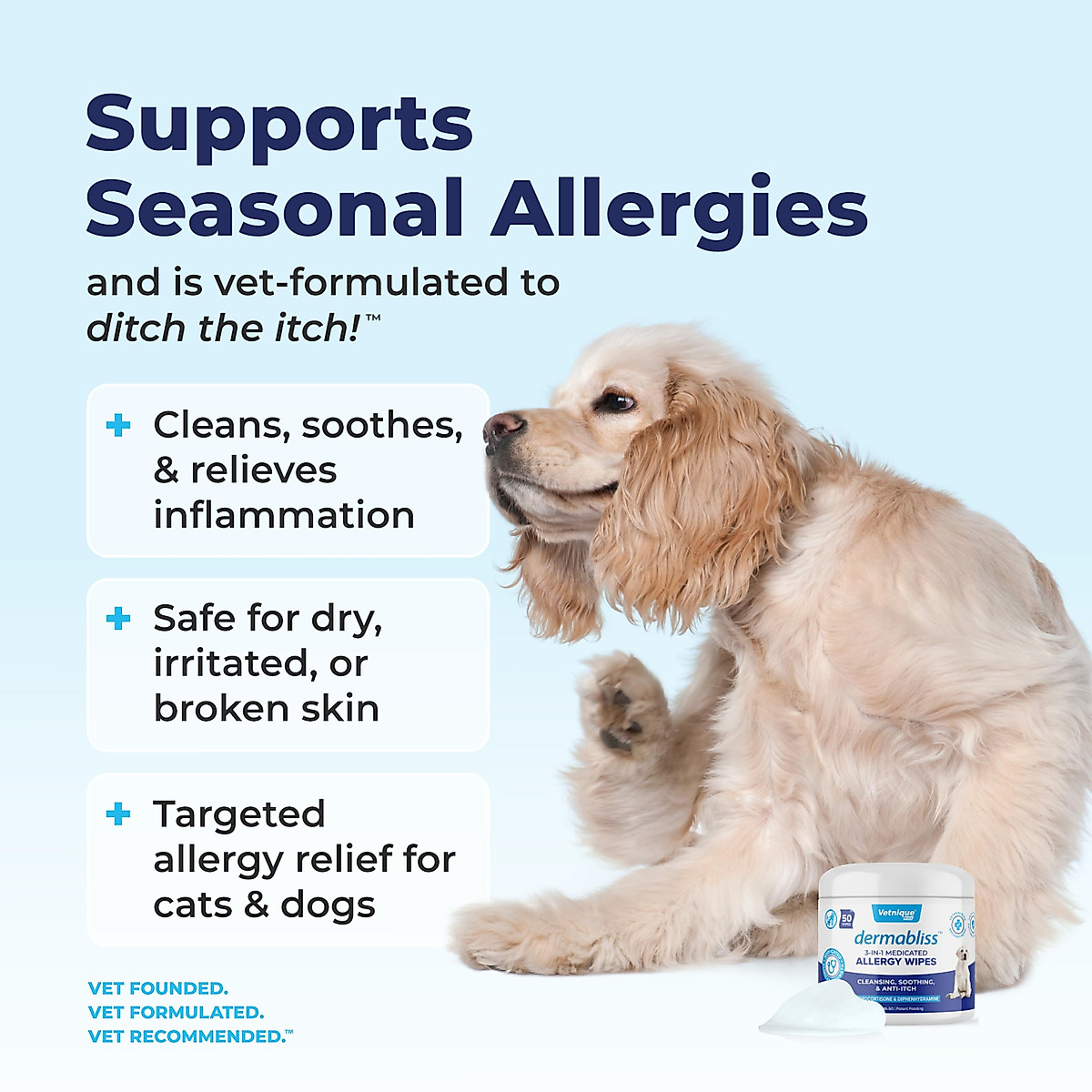 Vetnique Dermabliss 3-in-1 Medicated Dog Wipes - Relief for Itchy Skin, Allergies & Odor Control, Gentle No-Sting Formula, Antihistamine & Hydrocortisone Paw Wipes for Dogs & Cats 50ct