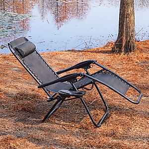 VTOY Zero Gravity Folding Reclining Lounge Chair with Pillow,Adjustable Reclining Patio Chairs,Side Table for Home/Office/Camping/Pool Yard with Cup Holder (Black)