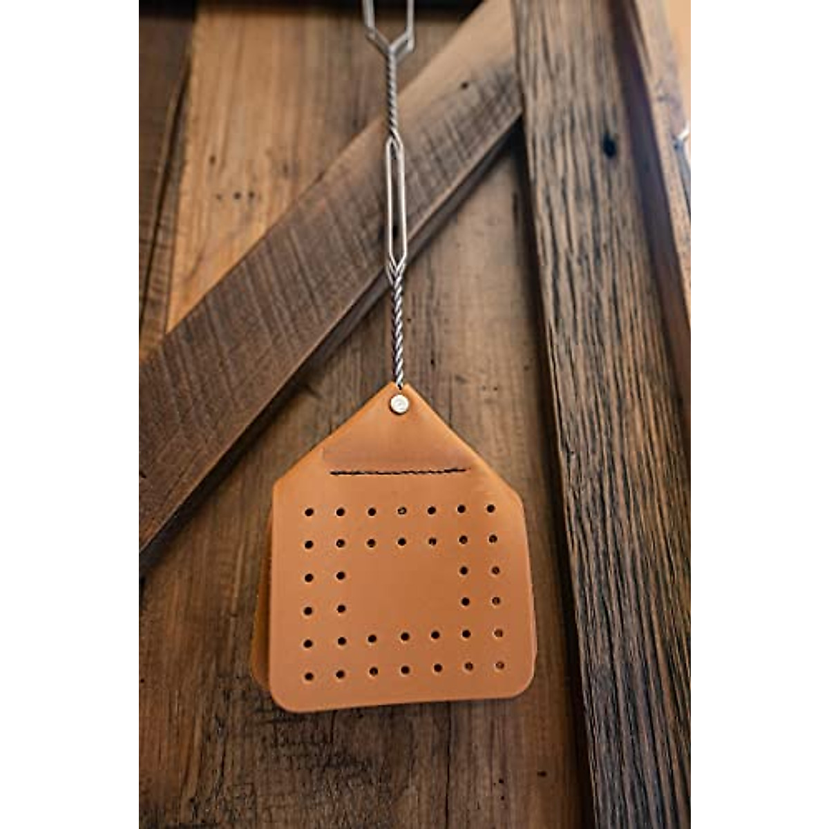 Hope Woodworking Leather Fly Swatter Set (1 Pack) – 17” Amish-Made Fly Swat w/Real Leather Paddle – Fly Swatters Multi Pack w/Metal Handle – Bug Swatter, Mosquito Swatter, Wasp Swatter (Brown)