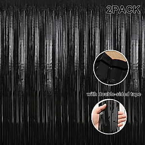 2 Pack 3.2 ft x 9.8 ft Black Tinsel Curtain Party Backdrop Decorations, Metallic Foil Fringe Backdrop Door for Halloween, Christmas, Birthday Graduation Wedding Party Streamers Photo Backdrop.