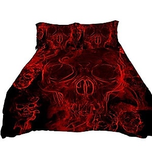 YSJ 3 PCS Duvet Cover Set with Zipper Closure,Ties-Black Red Skull Pattern Printed-Full Size Bedding Set Comforter Protector Pillowcases (Full)