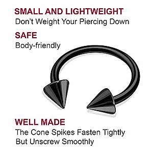 bodyjewellery 8pcs 16g Horseshoe Ring Circular Barbell Cartilage Hoop Septum Nose Lip Eyebrow Spider Bite Tragus Black Spike Ear - 12mm