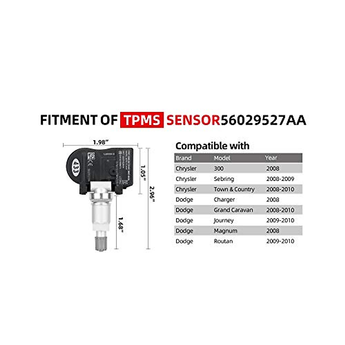 SEINECA 56029527AA 433MHz Tire Pressure Monitoring System (TPMS) Sensor Compatible with Dodge Charger Journey Grand Caravan Magnum Routan Chrysler 300 Sebring Town & Country