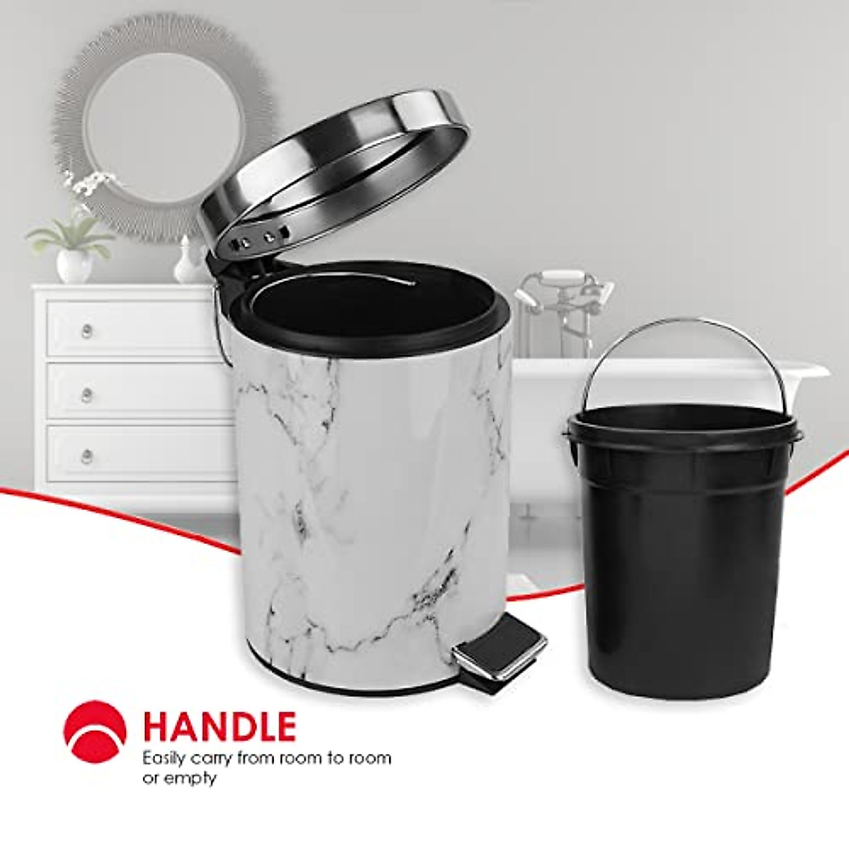 Home Basics Marble Ceramic 4 Piece Bath Accessory Set, White | Faux Marble Toilet Brush Set, White | Faux Marble 3 Liter Waste Bin, White