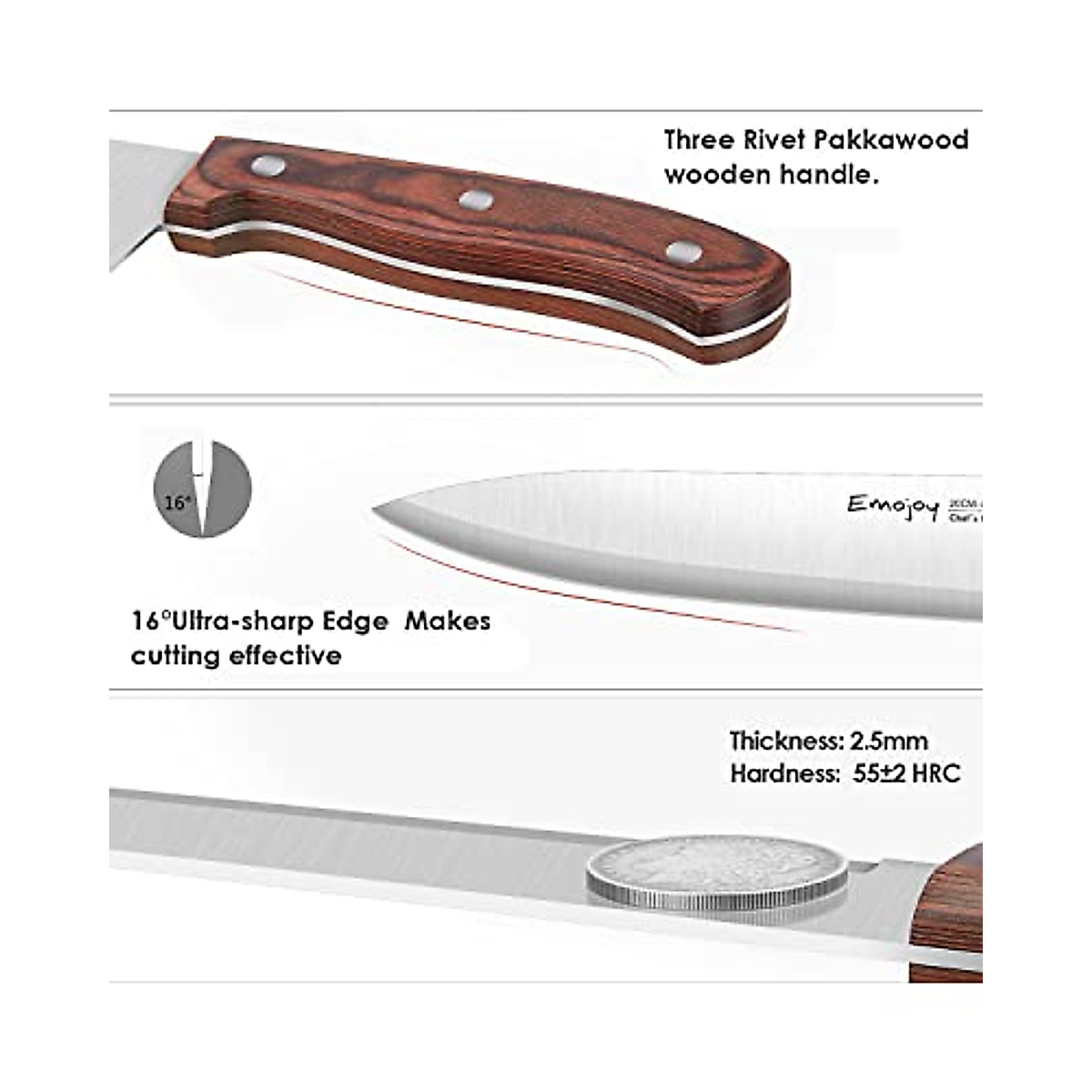 Emojoy Kitchen Knife Set,Knife Set for Kitchen with Block 6 Pcs High Carbon Stainless Steel Wooden Handle Knife Block Set without Steak Knives…