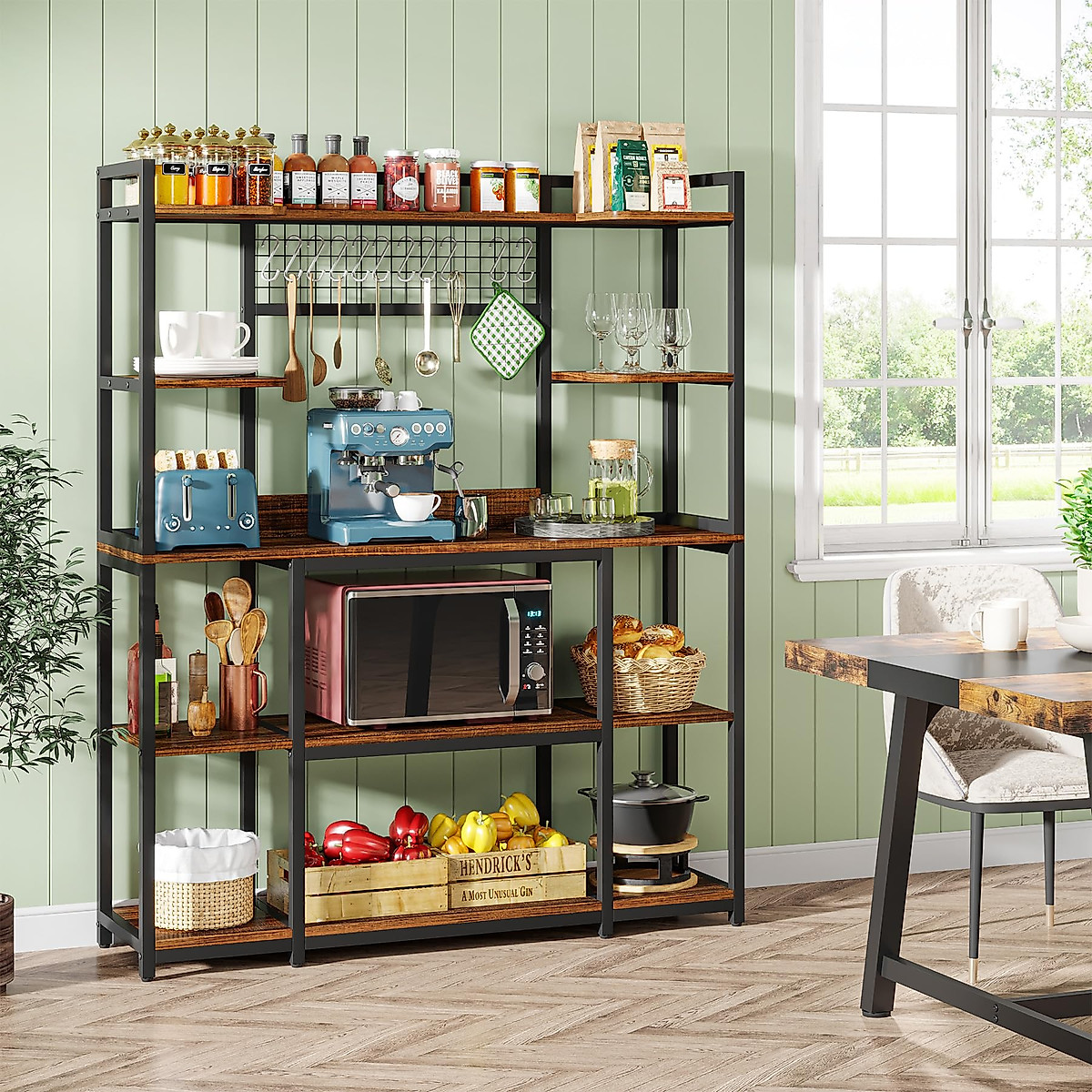 Tribesigns Large Bakers Rack, 55" Wide Kitchen Hutch Cabinet Microwave Stand with 11 Hooks, 5-Tier Baker’s Rack Kitchen Storage Shelf Rack with Hutch, Rustic Brown