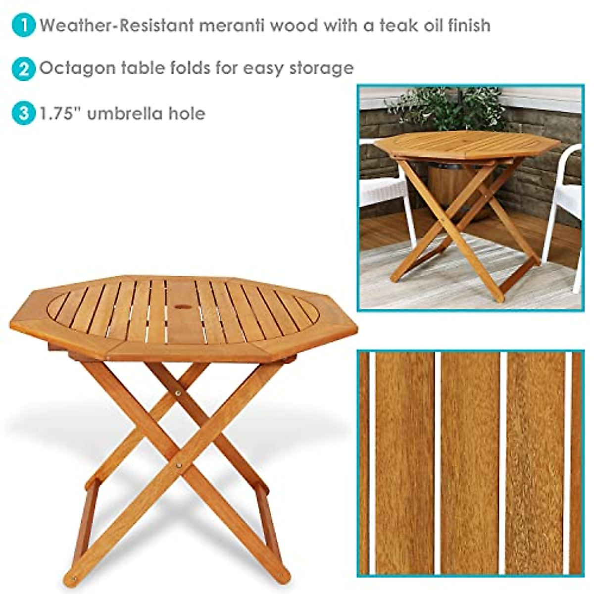 Sunnydaze Meranti Wood Octagon Outdoor Folding Patio Table - Teak Oil Finish
