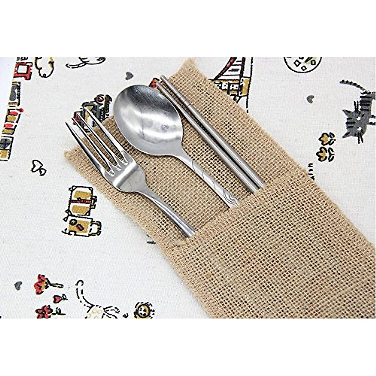 Cheonus 10PCS Burlap Cutlery Bags Hessian Knife Fork Tableware Utensil Linen Flatware Holder Jute Pouch Silverware Pockets for Wedding Decor