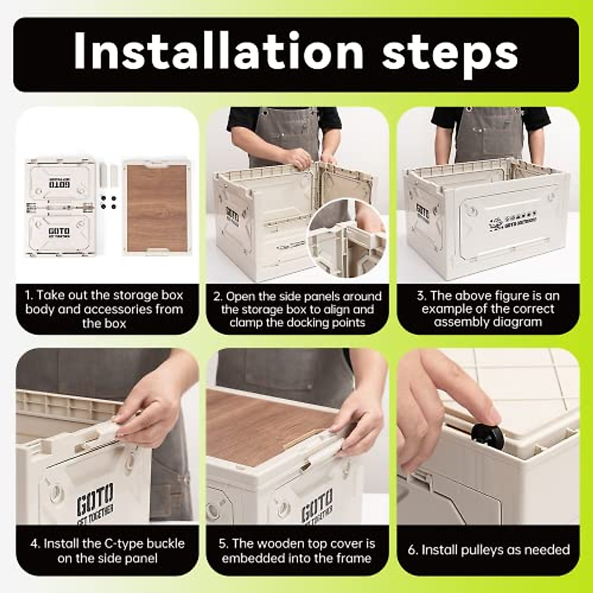 GOTO 50L Folding Storage Box with Wooden Lid, Stackable Foldable Storage Bin with Wooden Cover, Side Opening Folding Storage Containers for Camping, Car Trunk, Home Sorting (Army Green)