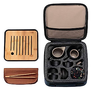 Mini Travel Kung Fu Tea Pot Cup Set with Tray - Portable Chinese Ceramic Porcelain Teapot Infuser Gift Bag All in One for Business Hotel Outdoor Picnic