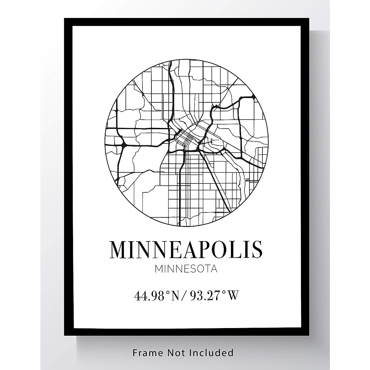 Minneapolis MN City Street Map Wall Art - 11x14 UNFRAMED Modern Abstract Black & White Aerial View Decor Print with Coordinates. Makes a great Minneapolis-Themed Gift.