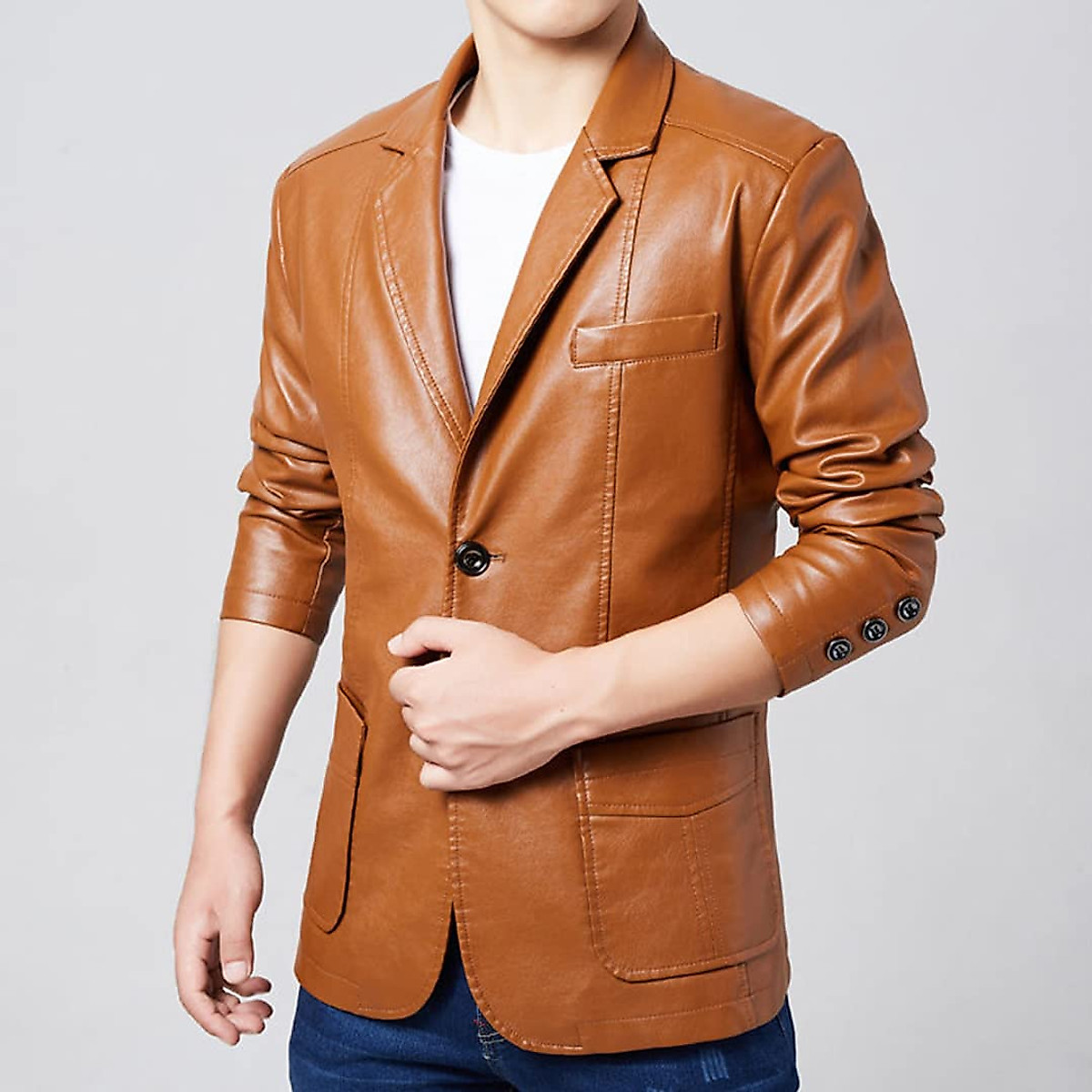 Rayiisuy Mens PU Leather Blazer Men's Casual Single Button Suit Coat Slim Fit Lapel Black Jackets For Men Stylish Faux Leather Outwear (Brown), XY-903, Large