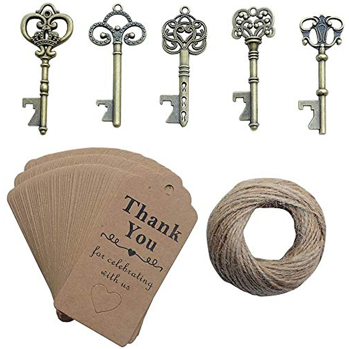 50 Pcs Bronze Skeleton Key Beer Bottle Opener With 100 Pcs Thank You Card and 98 Feet Hemp Rope for Wedding Party Favors (50pcs Bronze)