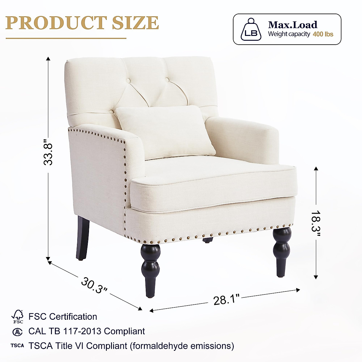 HUIMO Tufted Club Chair,Accent Chair with Lumbar Pillow, Upholstered Button Armchair, Linen Fabric Sofa Chairs for Bedroom, Living Room, Mid Century Modern with Studded Reading Chair Beige