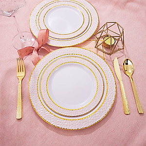 Liacere Plastic Plates, 102PCS Pink w/Gold Rim - Classic Style Disposable Plates for Mother's Day, Party, Easter & All Occasions