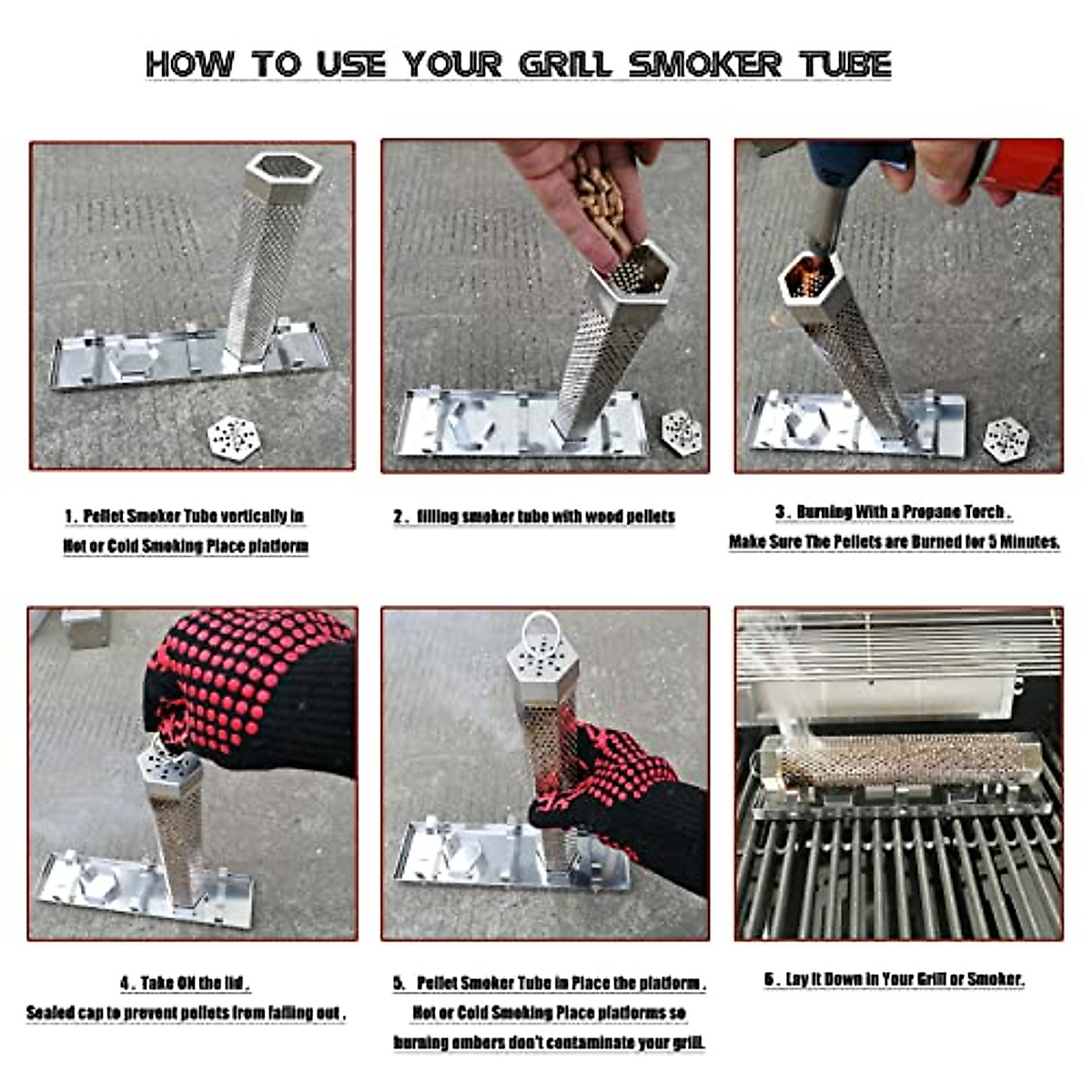 FMOON Upgraded Pellet Smoker Tube With Cold/Hot Smoking Place Platforms ,12" Wood Pellet Tube Smoker With Heat Resistant Glove and 2 Hooks and 1 Brush and 1 Smoke Tube Cover