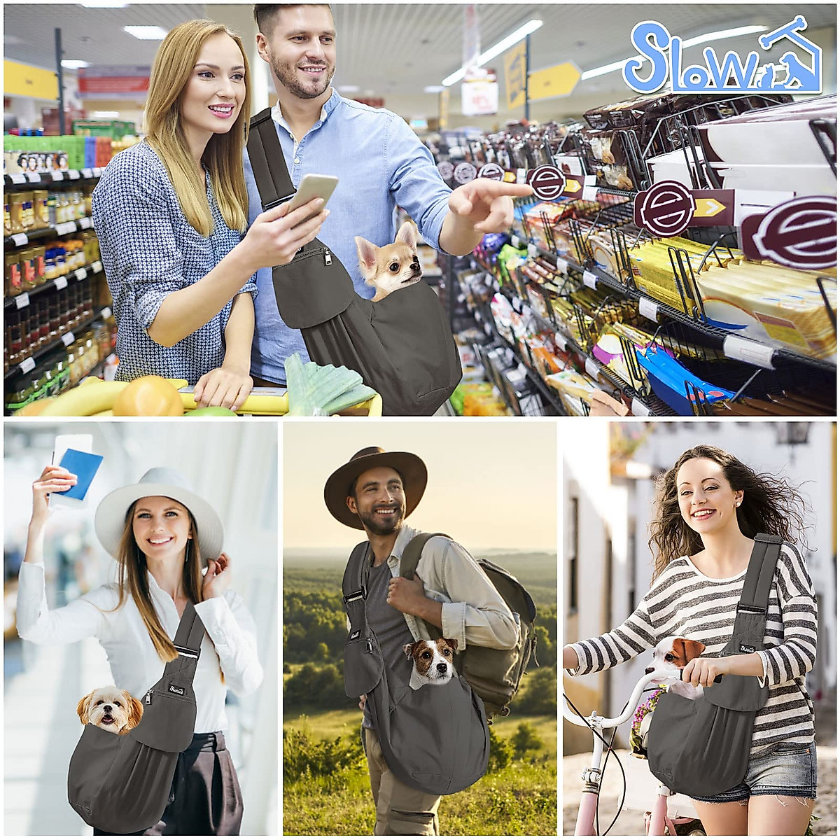 SlowTon Dog Carrier Sling - Thick Padded Adjustable Shoulder Strap Dog Carriers for Small Dogs, Puppy Carrier Purse for Pet Cat with Front Zipper Pocket Safety Belt Machine Washable (Grey L)