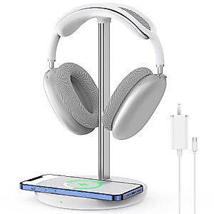 Headphone Stand with Wireless Charger, Gaming Headset Holder Hanger Rack 2 IN 1 Wireless Charging Station Dock for iPhone 15/14/13/12/11 Series, Samsung, AirPods Pro/3/2 and Desk All Headphones, White