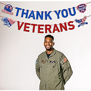 JKQ Blue Red Glitter Thank You Veterans Banner Happy Veterans Day Garland Banner Land of the Free Because of the Brave Honoring All Who Served America Patriotic Party Fireplace Mantle Wall Decorations Supplies