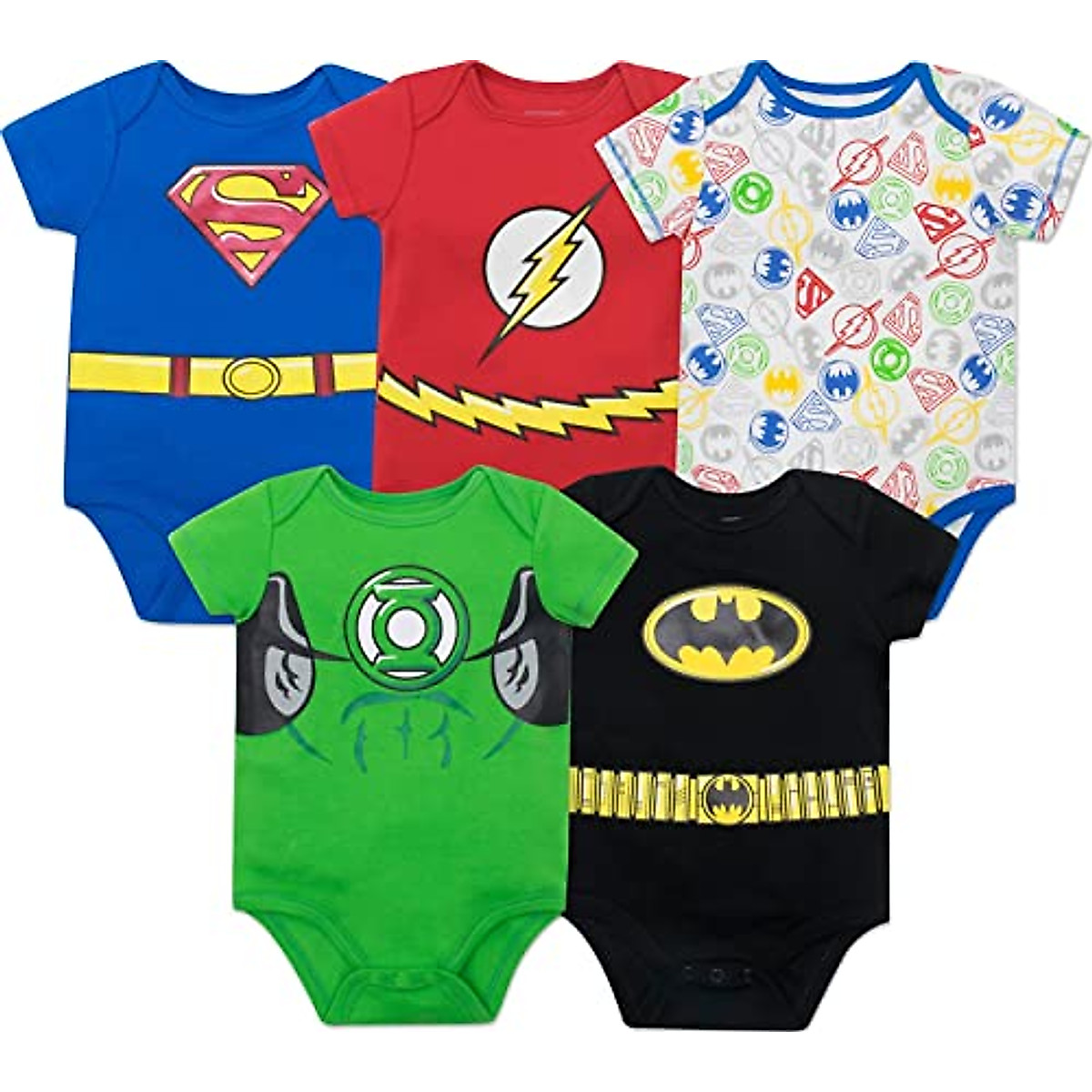 WARNER BROS Justice League Batman Superman The Flash Newborn Baby Boys 5 Pack Cosplay Costume Bodysuits Logo 3-6 Months