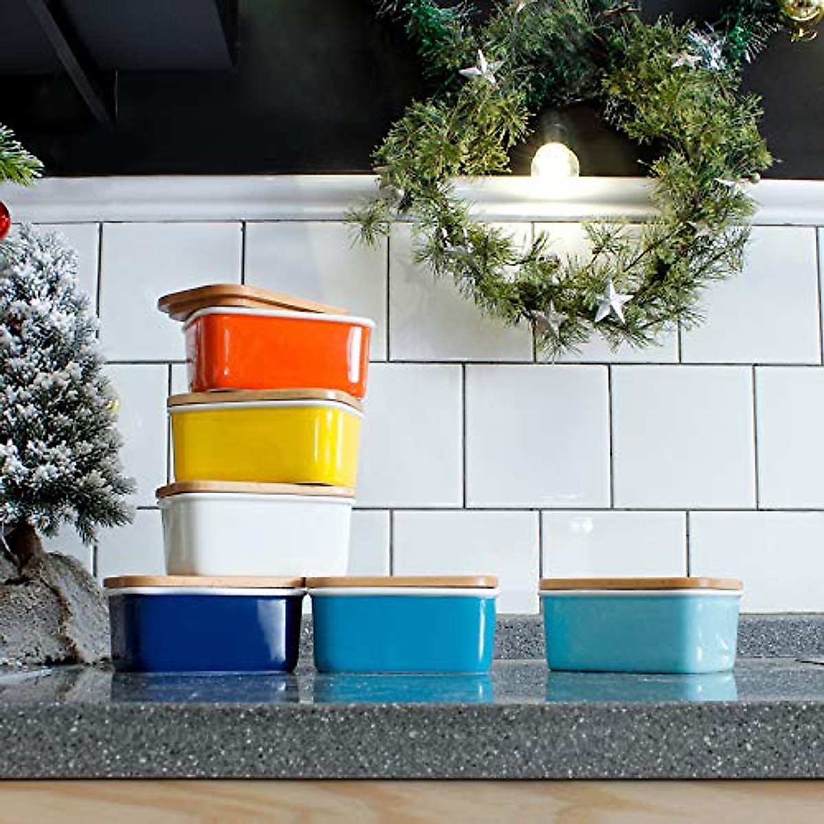 Sweese 301.101 Large Butter Dish - Porcelain Keeper with Beech Wooden Lid, Perfect for 2 Sticks of Butter, White