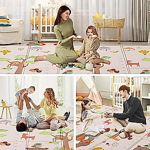 GZZ Foldable Baby Play Mat,Reversible, Waterproof, Anti-Slip Floor Playing Mats for Infants, Babies, Toddlers Indoor/Outdoor (Cute Bear Tall Foot+Animal Music Festival, 79"*71"*0.4")