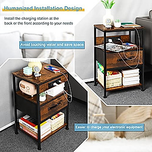 Nightstand with Charging Station Bed Side Table with Fabric Drawer 3-Tier End Table with USB Ports and Outlets Industrial Night Stand for Bedroom Living Room Vintage Brown
