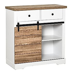 HOMCOM Farmhouse Coffee Bar Cabinet, Barn Door Wine Cabinet with Storage, Sideboard Buffet Cabinet with Wine Racks for Kitchen, White