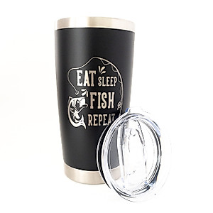 Fly Fishing Travel Mugs for Men, Fathers Day Gift for Him, 20oz Stainless Steel Tumbler with Lid (Black), Bass Fishing Gifts