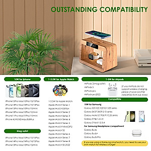 HQOBZX Bamboo Wireless Charging Station: Fast Charger with Alarm Clock, Night Light - iPhone 15/14/13/12/11 Pro Max/X/Xs Max/8, AirPods Pro, iWatch Series SE - 3-in-1 Dock for Multiple Devices