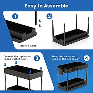 YUANZSMCX home Organization and storage, 2 Pack Adjustable Height with 2 Hanging Cup and 8 Hook 2 Tier under the sink counter storage for kitchen sliding cabinet basket organizer bathroom, Black