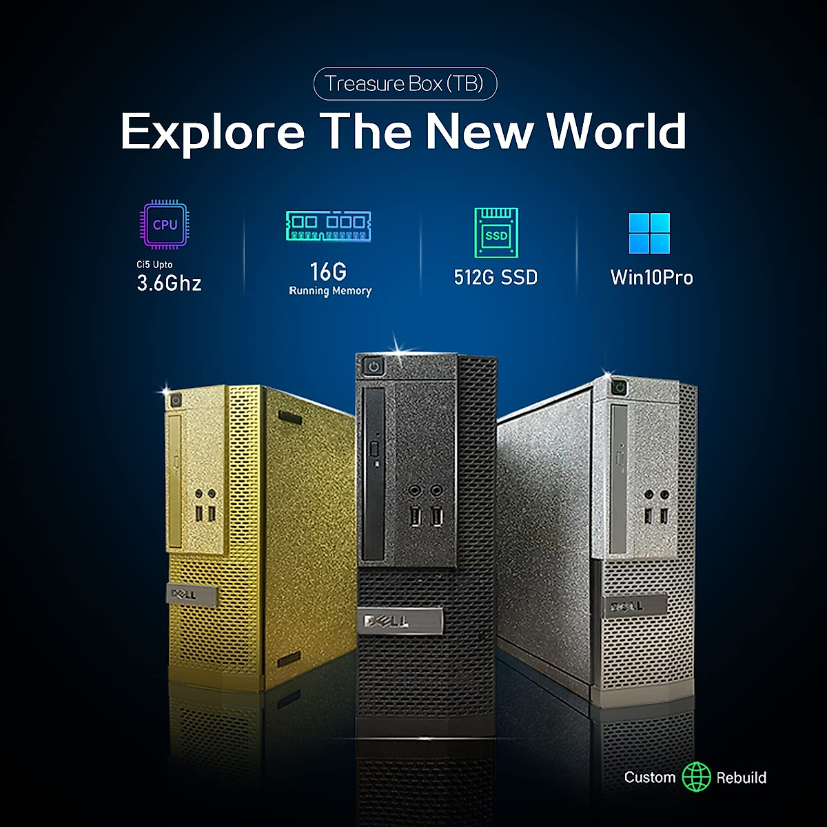 Dell Gold Treasure Box Desktop PC, Intel Quad Core I5 up to 3.60GHz, 16GB RAM, 512GB SSD, DVD, WiFi & Bluetooth, Keyboard & Mouse, Win 10 Pro (Renewed)