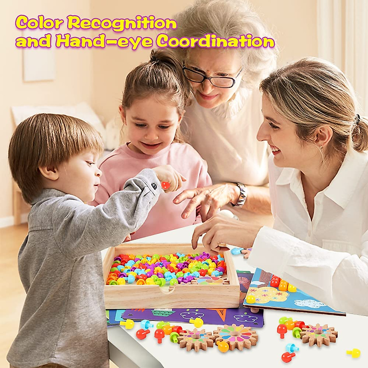 KUSARKO Wooden Peg Board Toys, 2 in 1 Color Matching Mosaic Pegboard, Button Art Toys for Toddlers, Early Learning Educational Toys for Boys & Girls (180 Pcs)