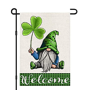 St Patricks Day Gnome Garden Flag Burlap 12x18 Inch Double Sided, Green Lucky Shamrock Welcome Small Sign Farmhouse Yard Outdoor Decoration DF190