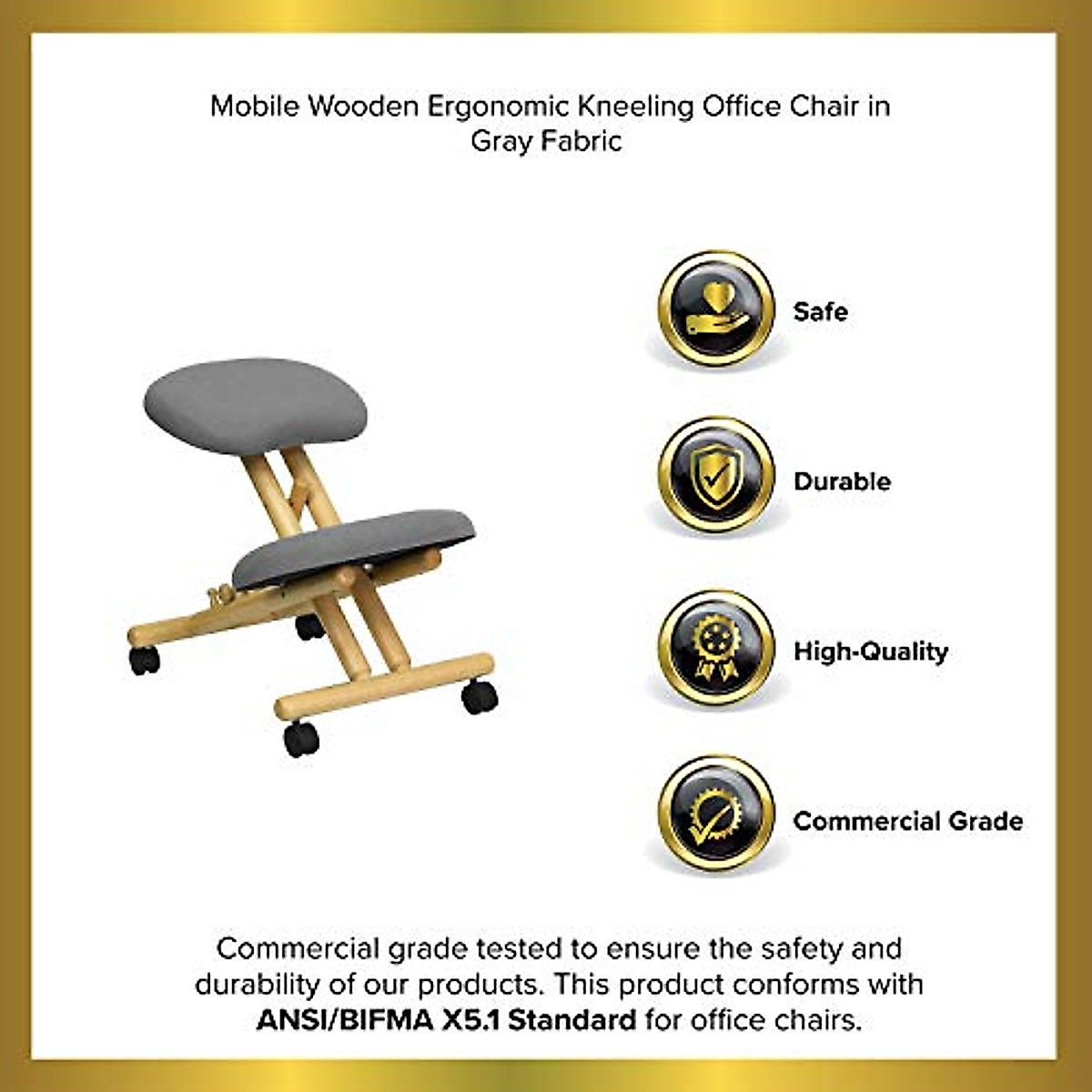 EMMA + OLIVER Mobile Wooden Ergonomic Kneeling Office Chair in Gray Fabric