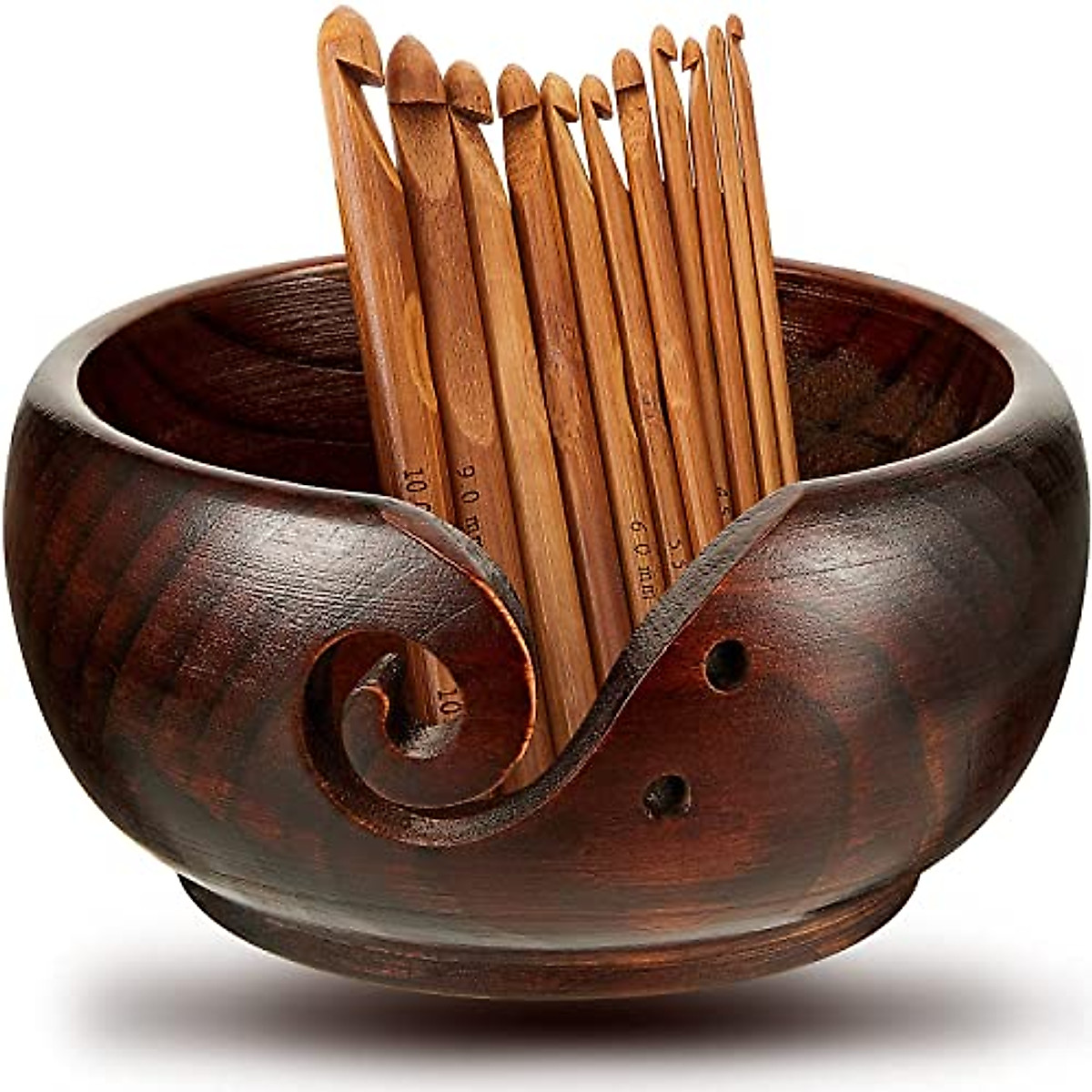 Wooden Yarn Bowl Crocheting Bowl Round Knitting Wool Storage Yarn Bowl Handmade with Holes 12 Pieces Crochet Hooks for Crocheting Knitting DIY Crafts Tools (Dark Brown,7 x 7 x 3 Inch)