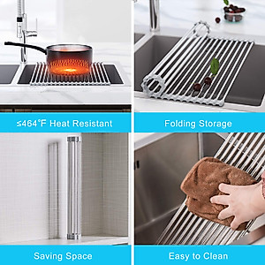 SunCleanse 17.8"×11.8" Roll-Up Dish Drying Rack, Over Sink Dish Drying Rack Drainer, Multi-Use Stainless Steel Foldable Dish Rack for Kitchen Sink Countertop, Grey