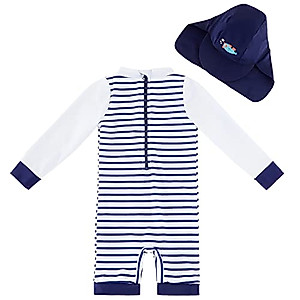 Baby Swimsuit Boy One Piece Rashguard with Hat UPF 50+ Sun Protection ，Blue Stripes,6-9 Months