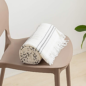 Simple&Opulence Yarn Dyed Striped Cotton Muslin Throw Blanket for Bed, Couch, Knit Woven Blanket with Tassels Soft Lightweight Cozy Pre-Washed Breathable Farmhouse Decoration for All-Season(Grey)